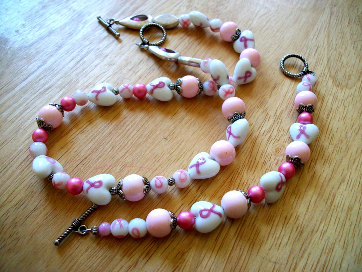 Handmade Breast Cancer Awareness Necklace And Bracelet Set With Heart ...