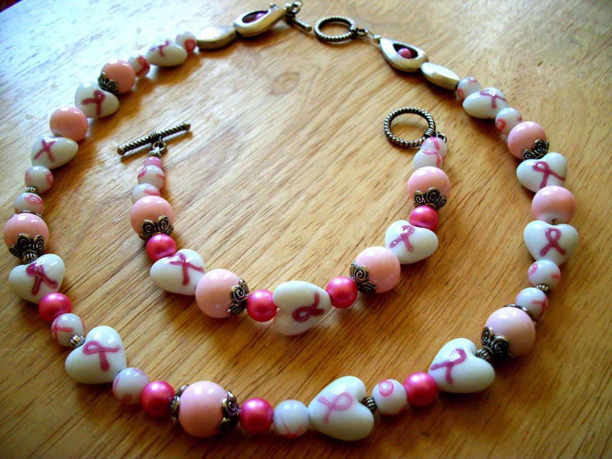 Handmade Breast Cancer Awareness Necklace And Bracelet Set With Heart ...