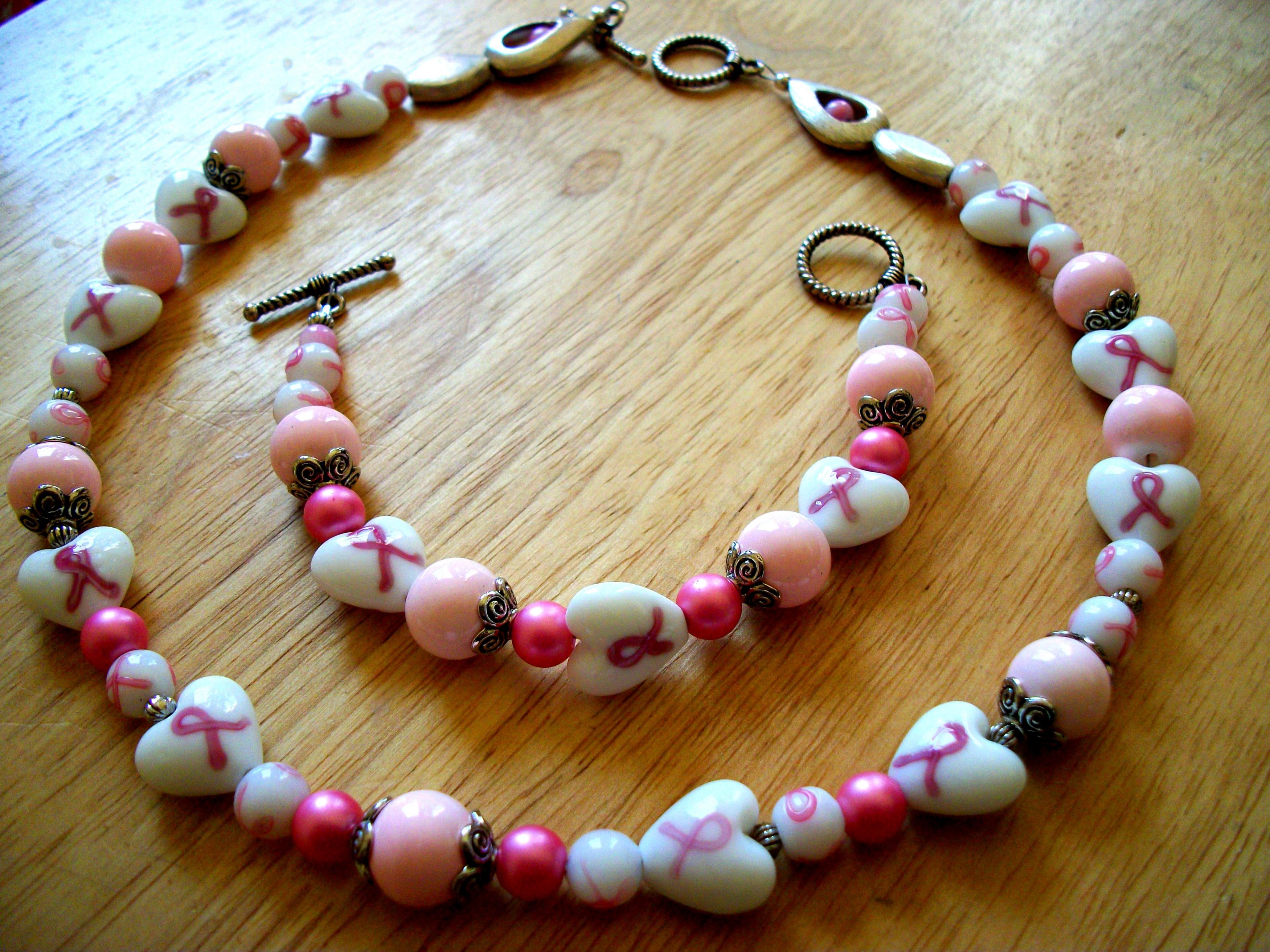 Handmade Breast Cancer Awareness Necklace And Bracelet Set With Heart ...